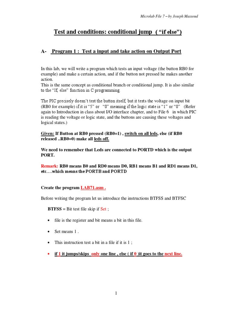 Test and Conditions: Conditional Jump ("If Else") : A-Program 1: Test A ...