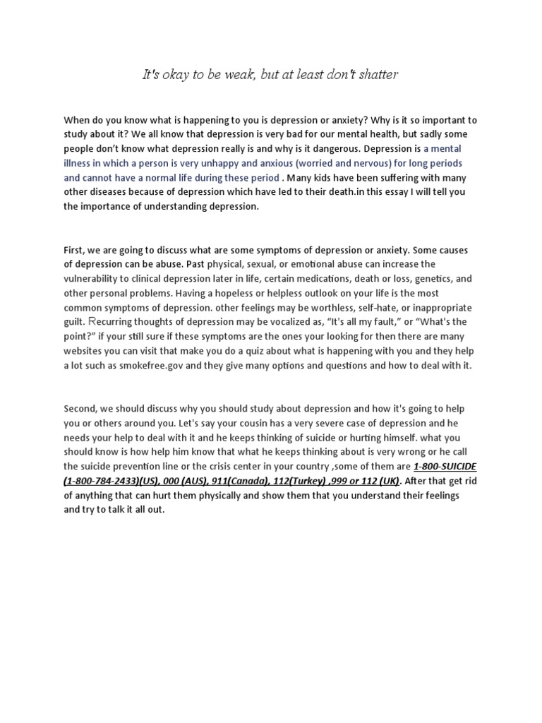 Depression and Anxiety Essay | PDF | Depression (Mood) | Major ...