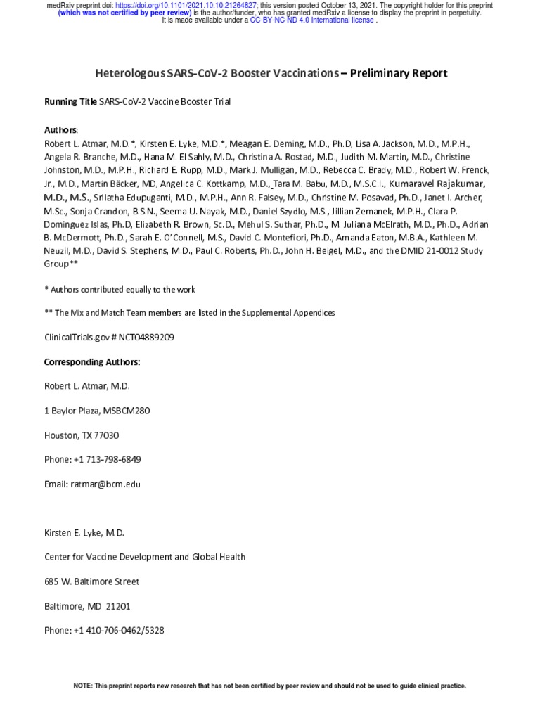 Heterologous Sars-Cov-2 Booster Vaccinations: - Preliminary Report ...