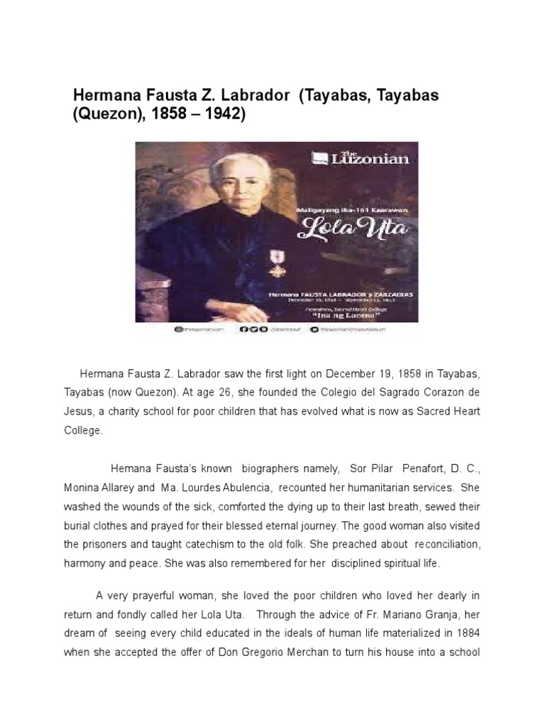 Hermana Fausta Z. Labrador (Tayabas, Tayabas (Quezon), 1858 - 1942 ...