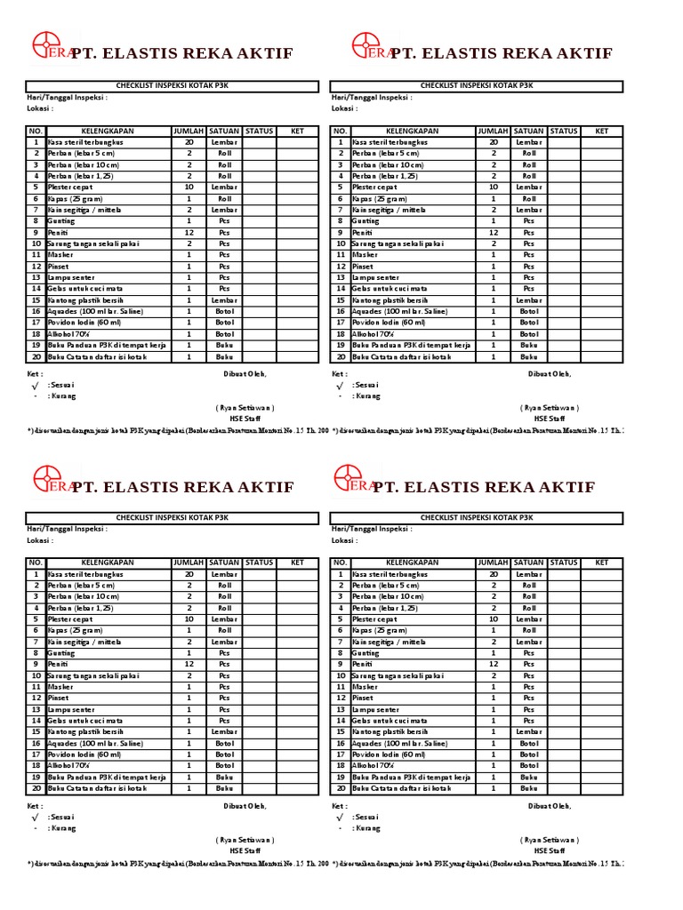 Checklist Inspeksi Kotak P3K | PDF