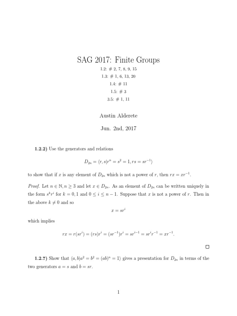 Sag 2017 Finite Groups Austin Alderete Jun 2nd 2017 Pdf Permutation Matrix Mathematics