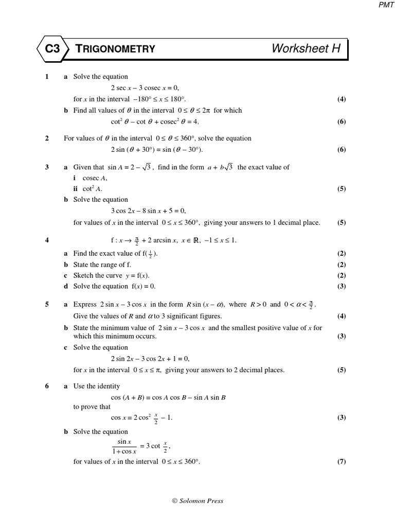 C3 Trigonometry H - Questions | PDF | Trigonometric Functions | Sine