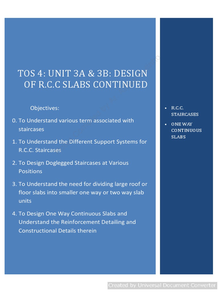 TOS 4 Unit 3 Design of R.C.C Slabs Continued | PDF | Stairs | Bending