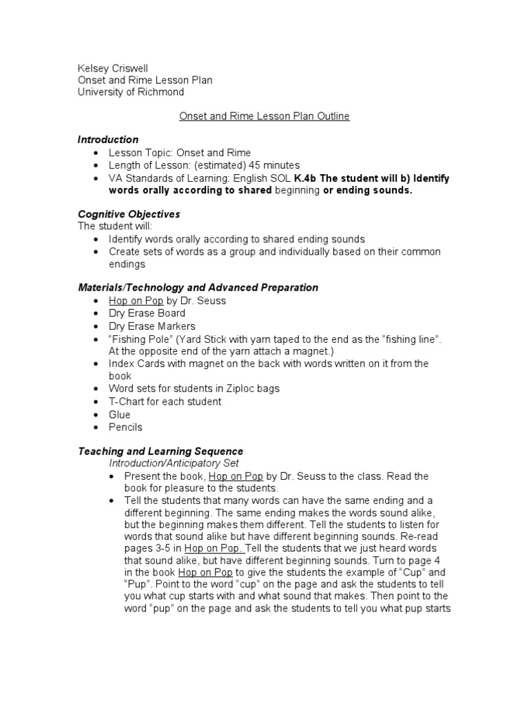 Reading Onset Rime Lesson Pdf Teachers Learning