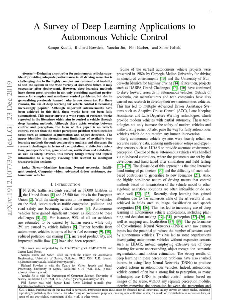 A Survey of Deep Learning Applications To Autonomous Vehicle Control ...