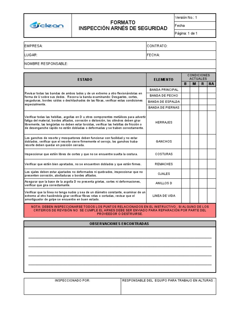 Formato Inspeccion Arnes de Seguridad | PDF | Ingeniería mecánica | Bienes manufacturados