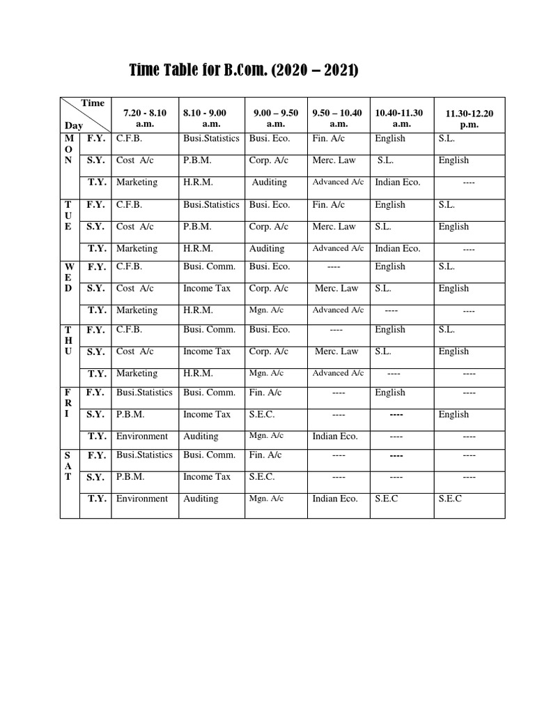 B.Com. 2020-2021 Weekly Timetable | PDF