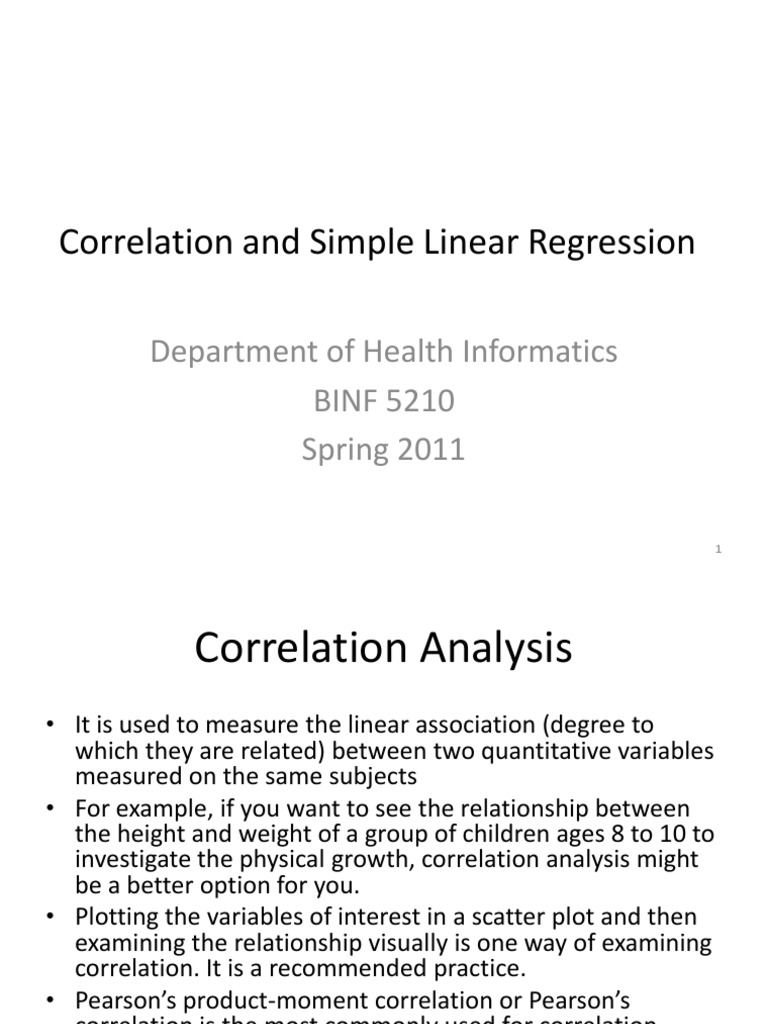Correlation and Simple Linear Regression: Department of Health Informatics BINF 5210 Spring 2011 ...