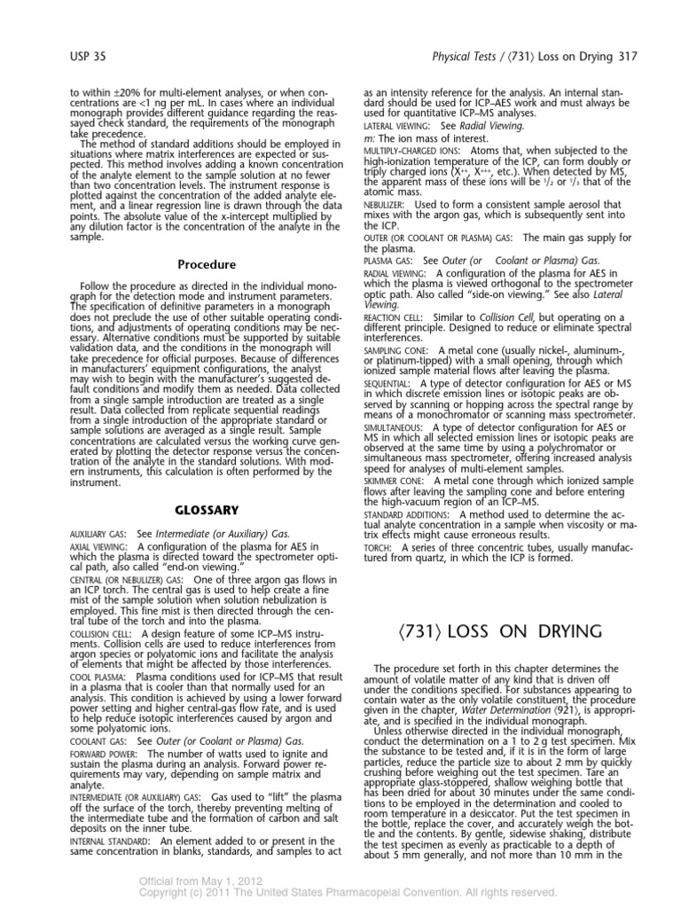 Usp 35 - (731) Loss On Drying | PDF | Mass Spectrometry | Materials