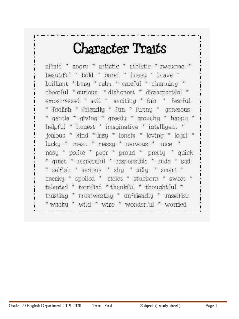 Character Traits Study Sheet | PDF