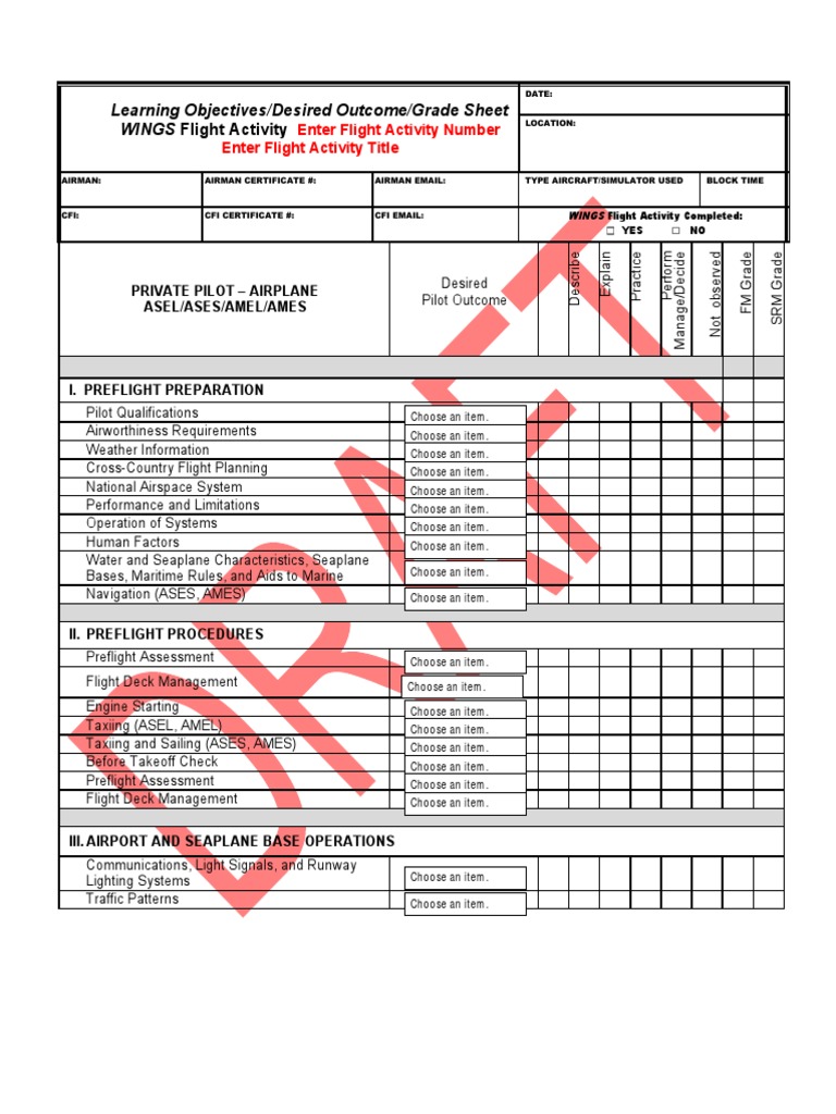 Flight Activity Assessment and Grade Sheet for Private Pilot ...