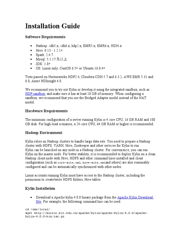 Installation Guide Apache Kylin | PDF | Apache Hadoop | My Sql