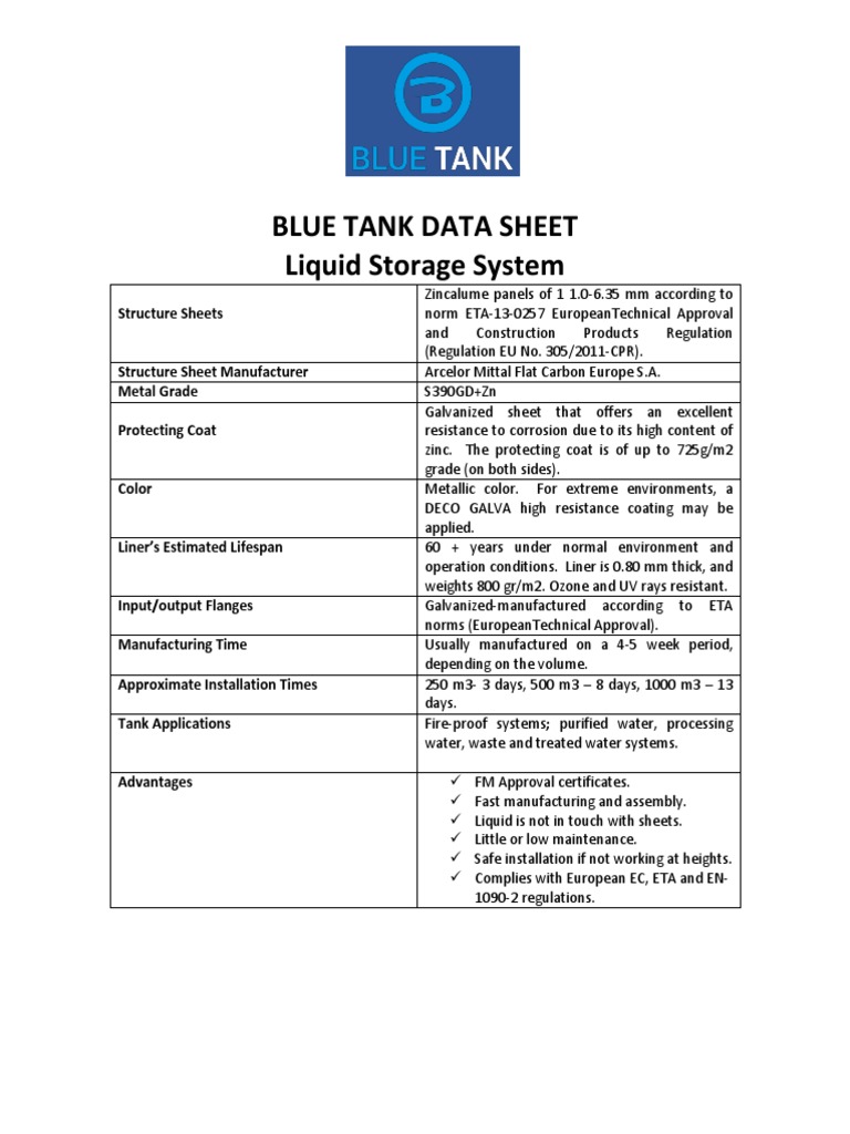 Blue Tank Liquid Storage Datasheet | PDF | Technology & Engineering
