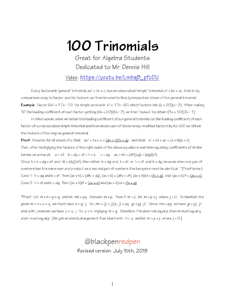 100 Algebra Trinomials Guide | PDF
