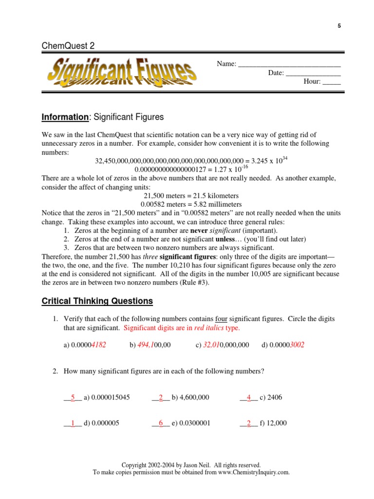 ChemQuest 2 Significant Figures Answers | PDF | Significant Figures ...