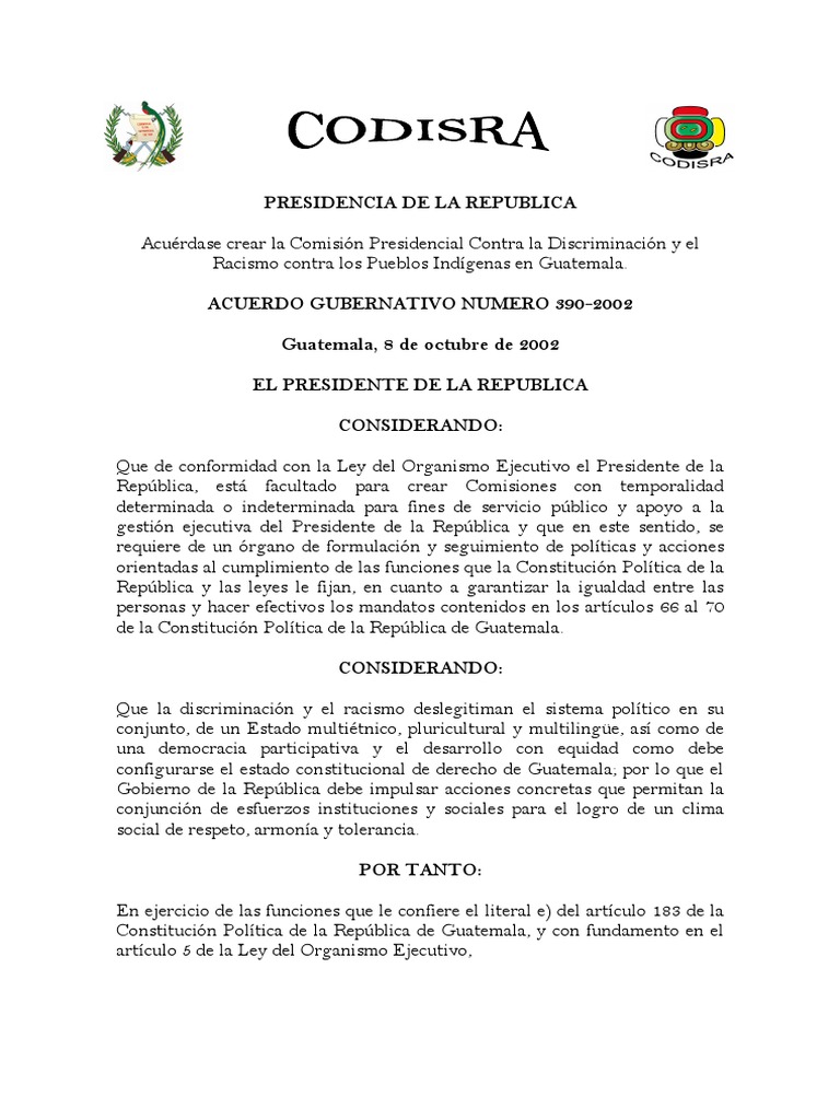 Acuerdo Gubernativo 390 2002 | PDF | Comisión Europea | Discriminación ... Acuerdo Gubernativo 390 2002 | PDF | Comisión Europea | Discriminación ...
