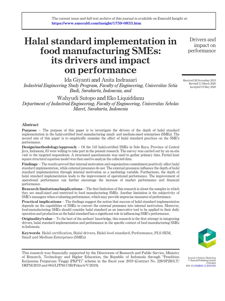 Halal Standard Implementation in Food Manufacturing SMEs Its Drivers ...