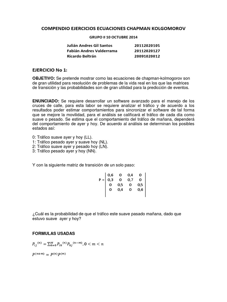 Compendio Ejercicios Ecuaciones Chapman Kolgomorov | PDF | Matriz (Matemáticas) | Probabilidad