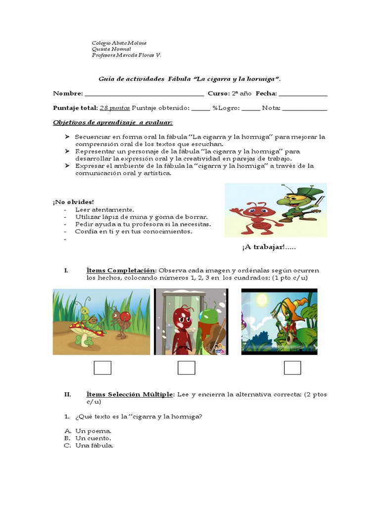 Actividades Fábula: La Cigarra y la Hormiga | PDF | Artes del Lenguaje ...