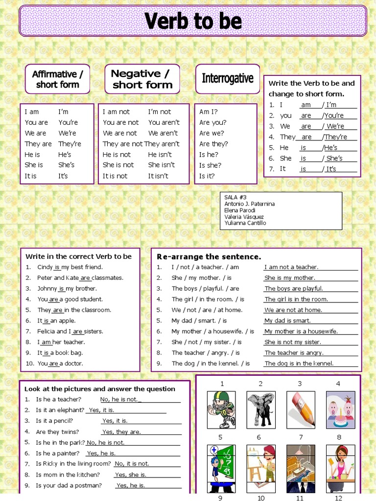 Write The Verb To Be and Change To Short Form.: Re - Arrange The ...