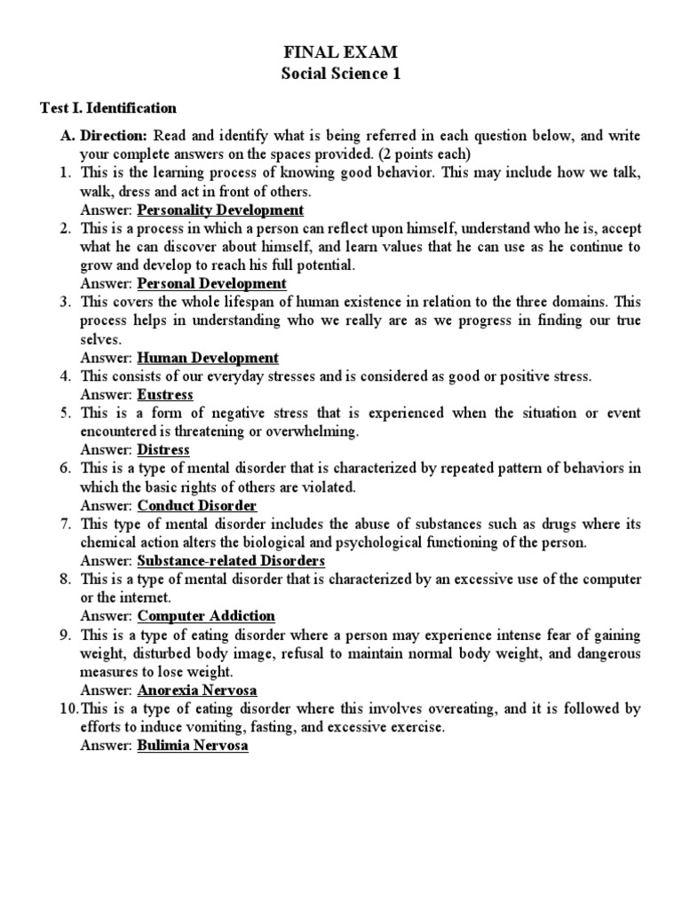 Final Exam Social Science 1 | PDF | Mental Disorder | Stress (Biology)