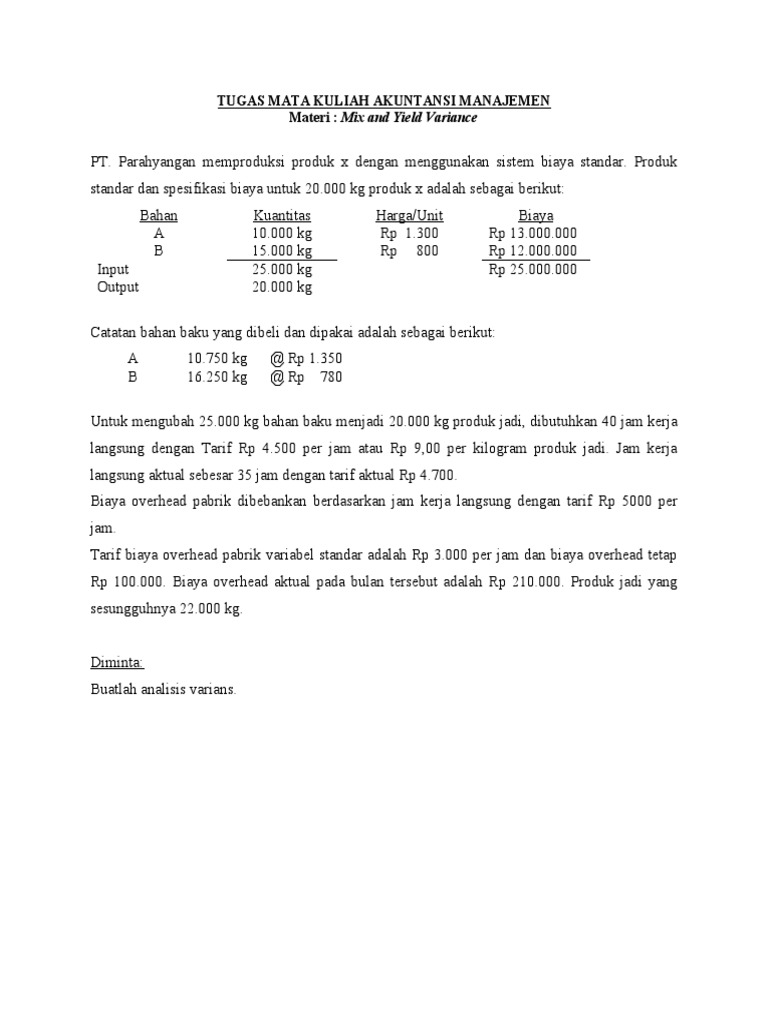 Tugas 10 - Mix Yield Variance | PDF | Teknologi & Rekayasa
