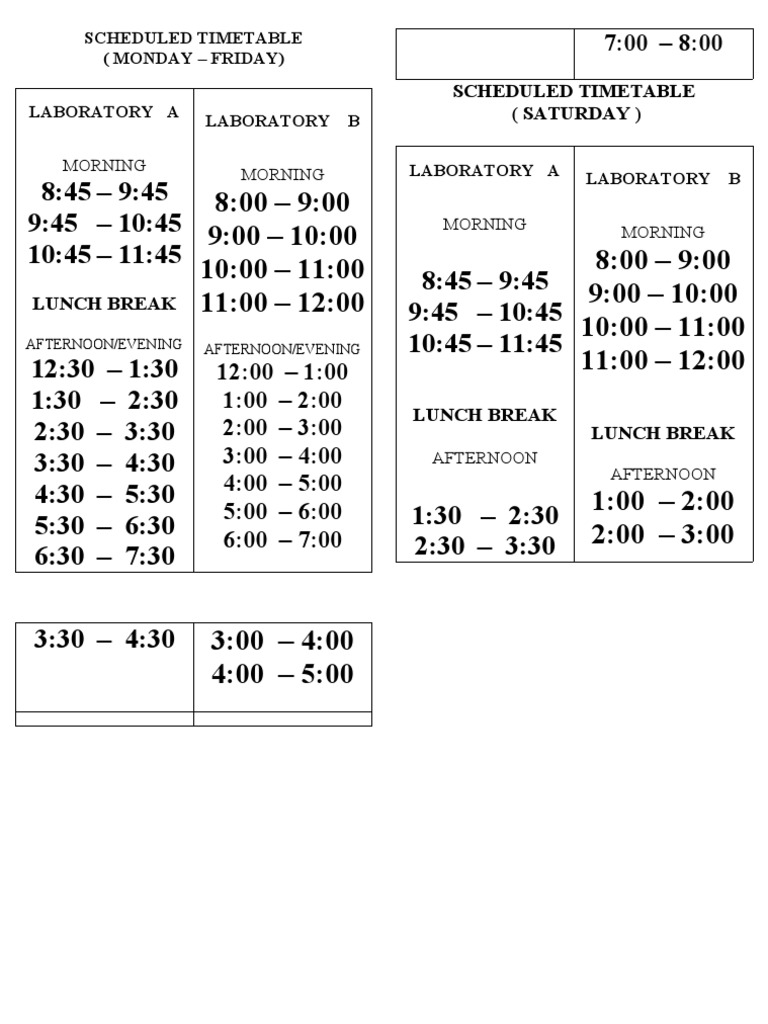 Weekly Laboratory Timetable Schedule | PDF