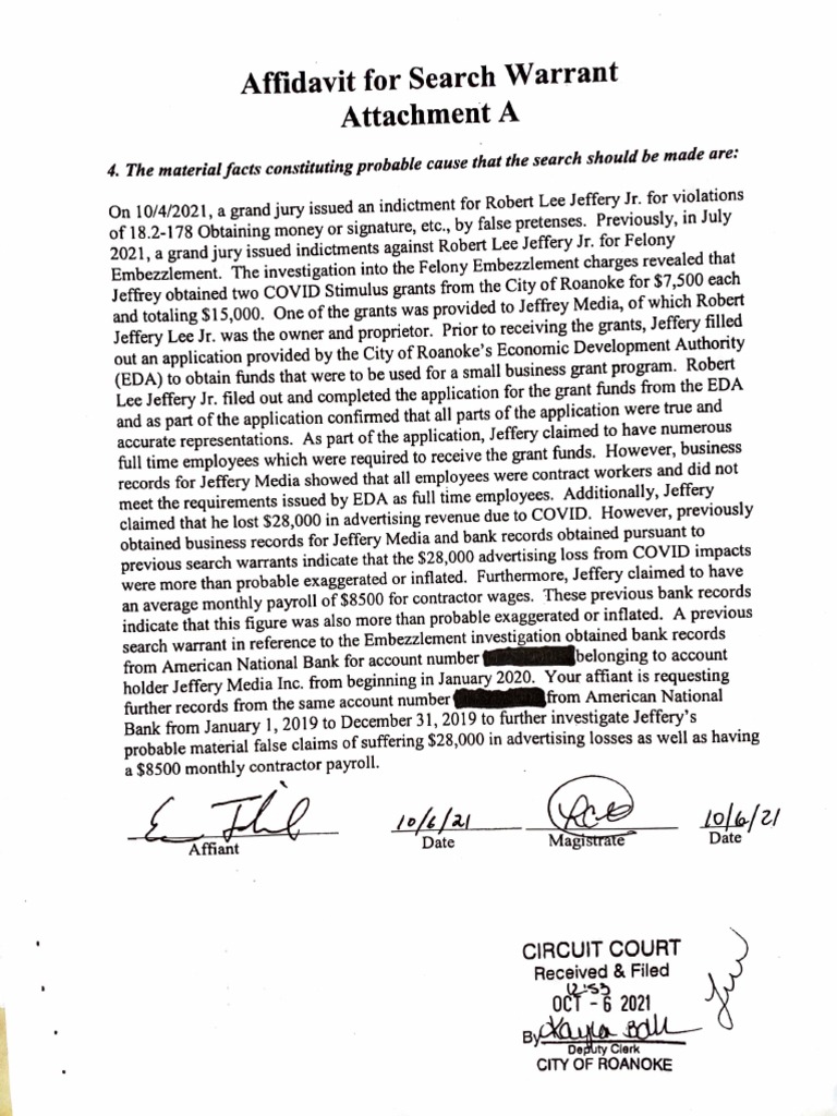 Affidavit For Search Warrant Related To Robert Lee Jeffery Jr. | PDF ...
