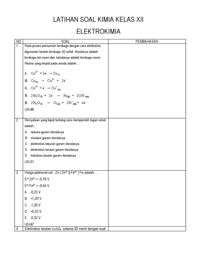 Latihan Soal Kimia Kelas Xii Elektrokimia | PDF