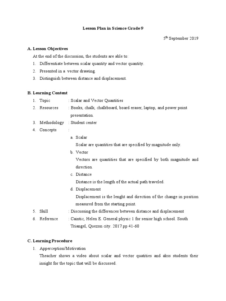 Lesson Plan in Science Grade 9 | PDF | Euclidean Vector | Velocity