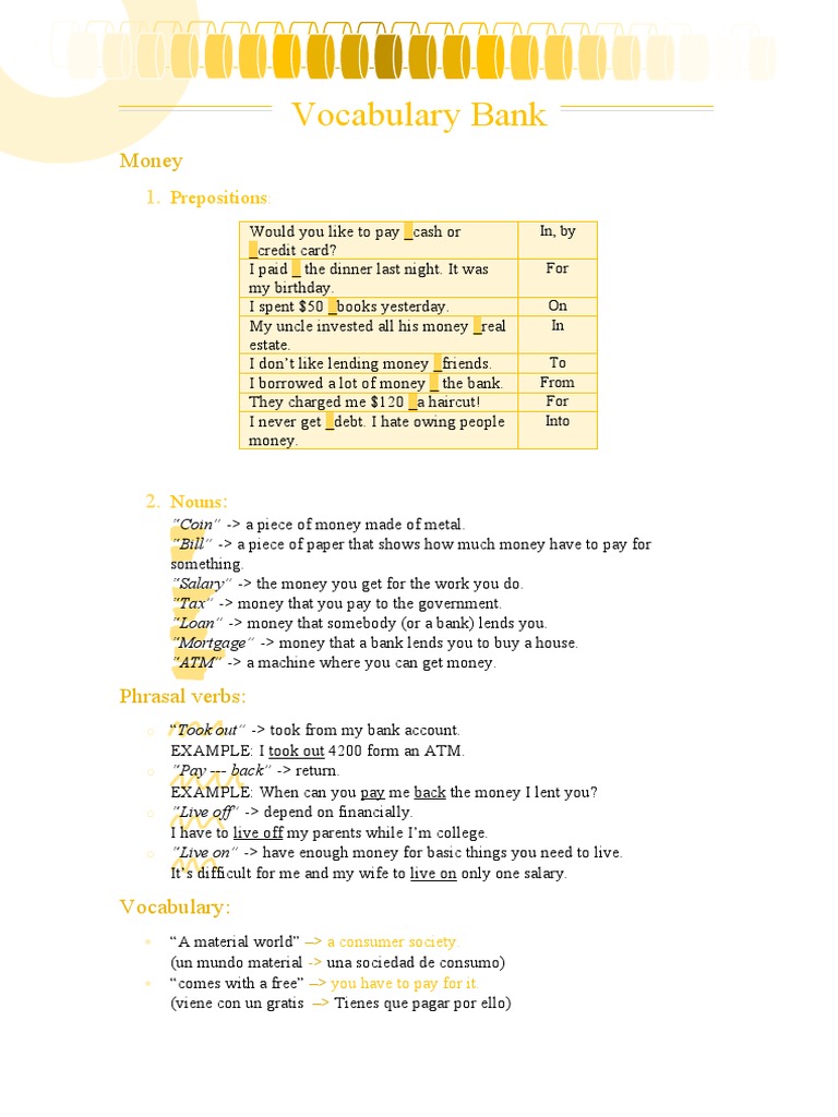 Vocabulary Bank: Money | PDF | Loans | Banks