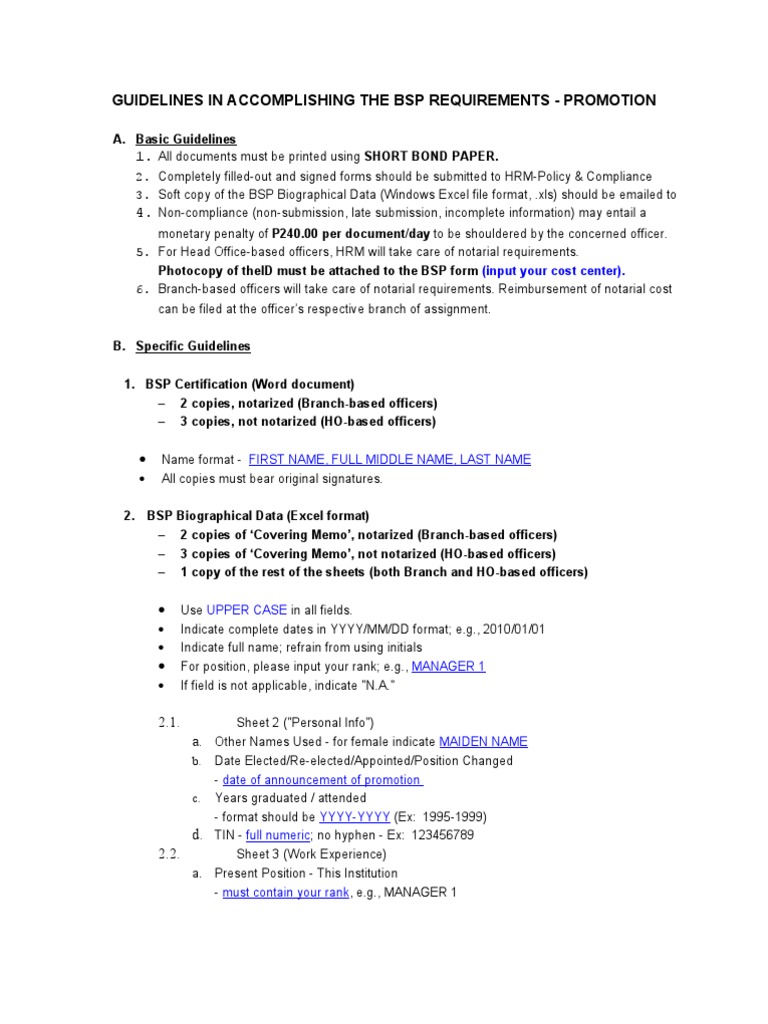 Guidelines In Accomplishing The BSP Requirements Promotion PDF