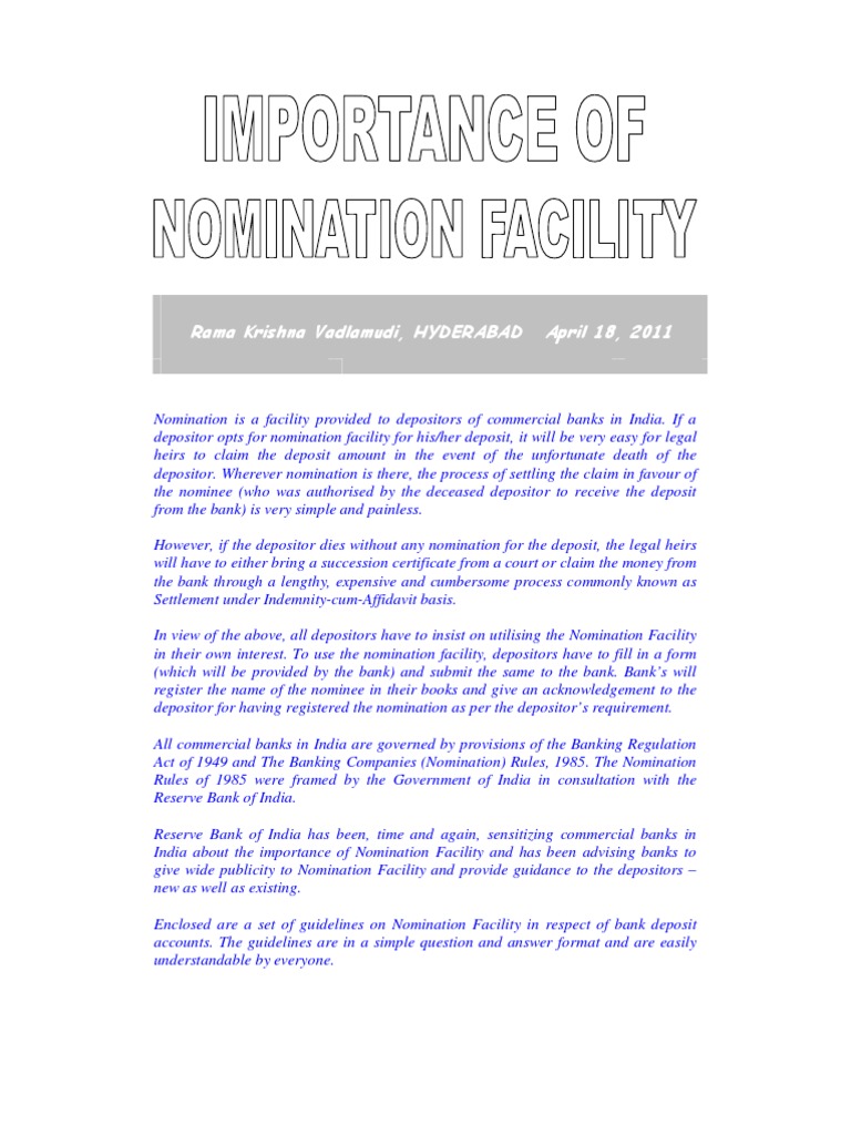 Nomination Facility and Its Importance-VRK100-18042011 | PDF | Deposit ...