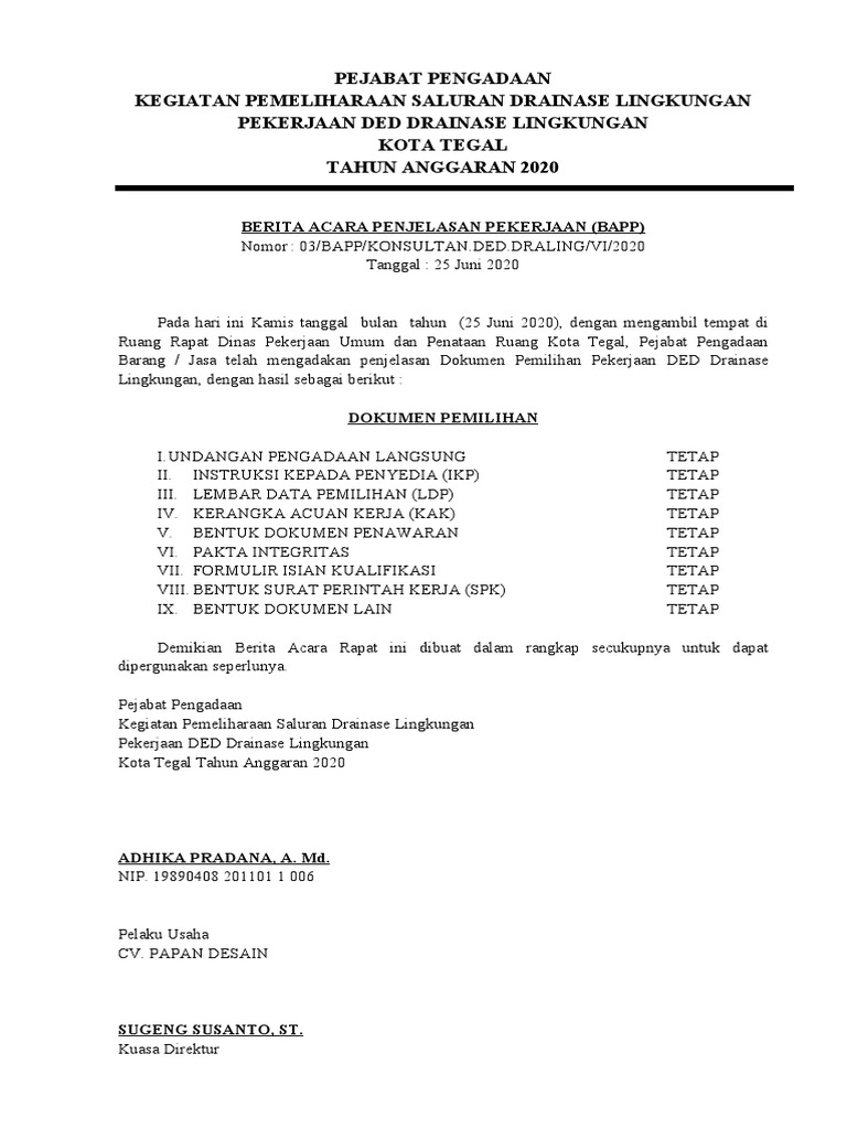 Contoh BA Penjelasan Pekerjaan Dan Penetapan Pemenang | PDF