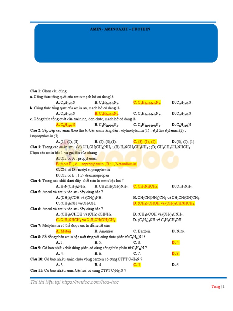 180 Cau Hoi Trac Nghiem Co Dap An Hoa Hoc Lop 12 Amin Amino Axit Protein | PDF