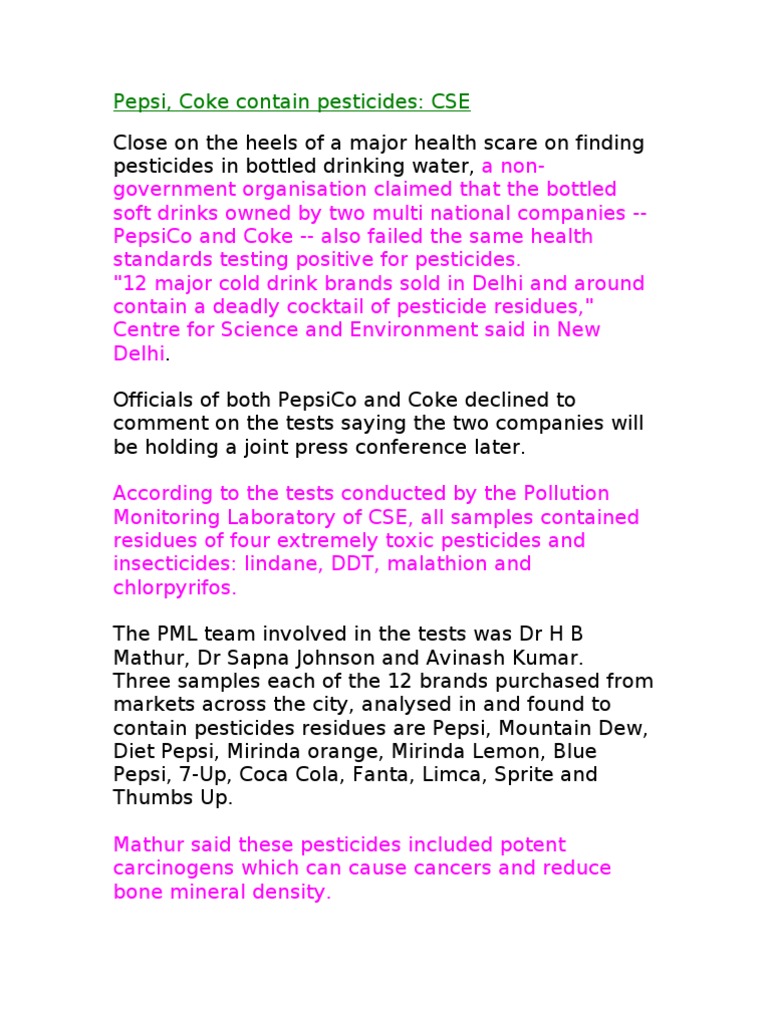 Pesticides Found in Pepsi and Coke | PDF | Soft Drink | Fructose