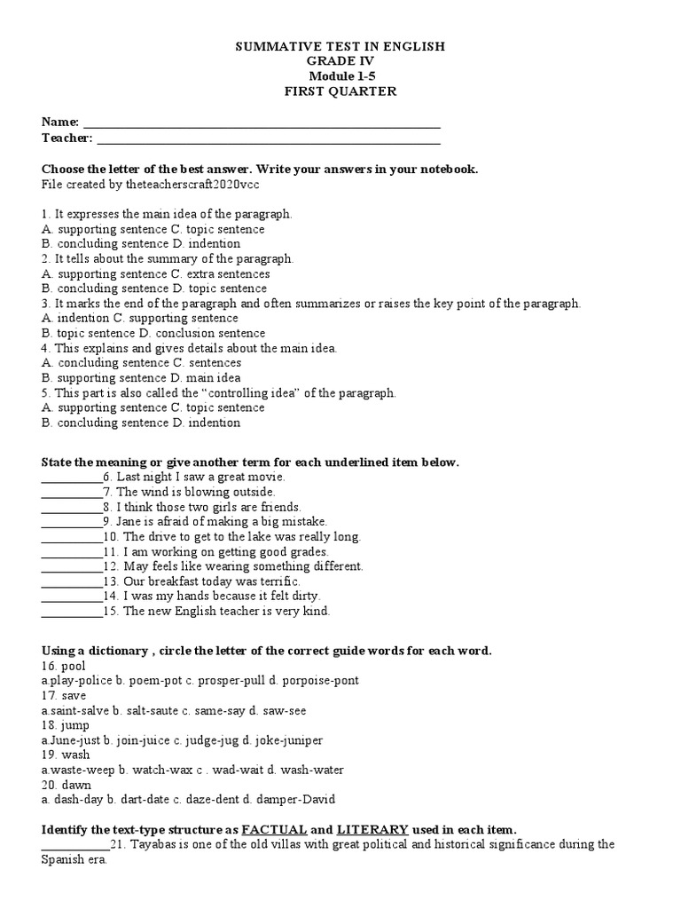 SUMMATIVE TEST IN ENGLISH A | PDF | Paragraph