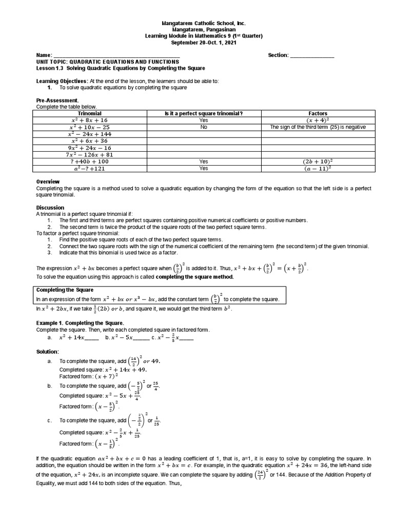 Completing the Square in Quadratics | PDF | Quadratic Equation ...