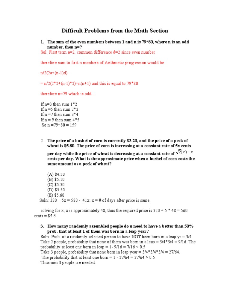 Difficult Problems From The Math Section | PDF | Odds | Area