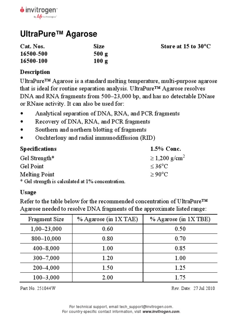 Ultrapure™ Agarose: Gel Strength Is Calculated at 1% Concentration ...
