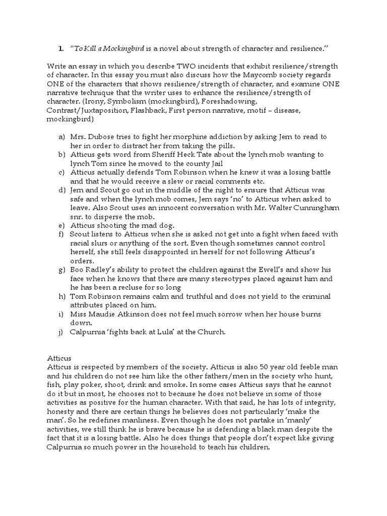 TKAM Essay Outline - Strength of Character and Resilience | PDF | To ...