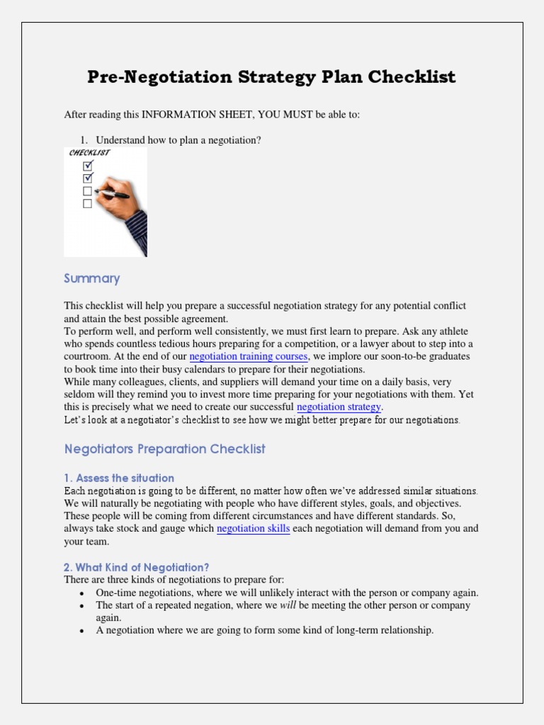 Pre-Negotiation Strategy Plan Checklist | PDF | Negotiation | Mediation