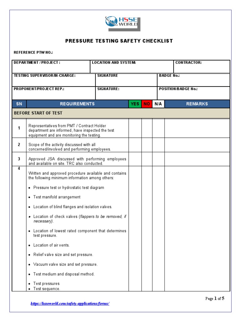 Pressure Testing Checklist | PDF | Valve | Pressure