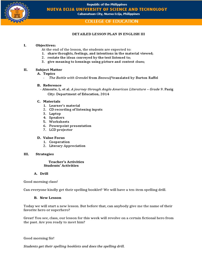 I. Objectives:: The Battle With Grendel From Beowulf Translated by ...