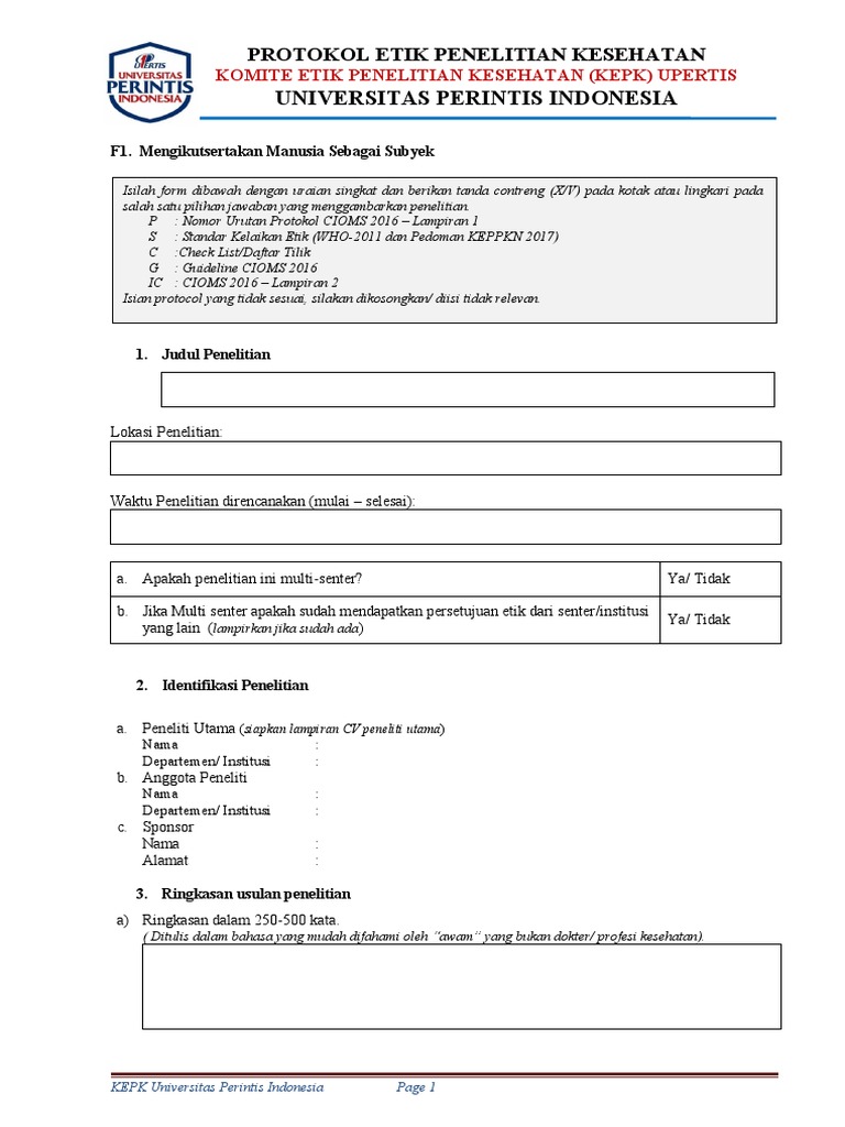 Protokol F1. Kaji Etik Penelitian - UPERTIS | PDF