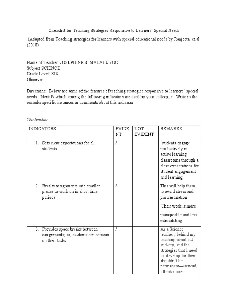 Checklist For Teaching Strategies Responsive To Learners | PDF ...