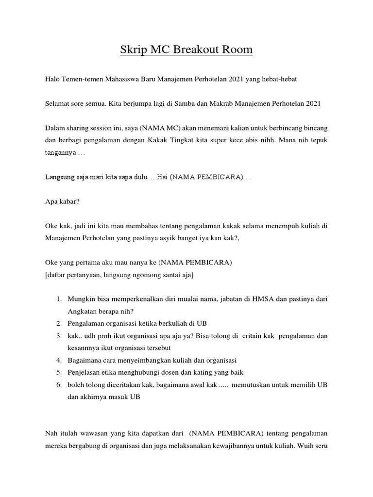 Skrip MC Breakout Room | PDF