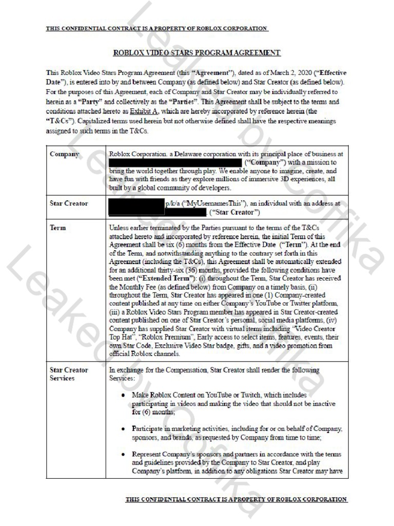 MyUsernamesThis Leaked Roblox Video Stars Program Contract | PDF
