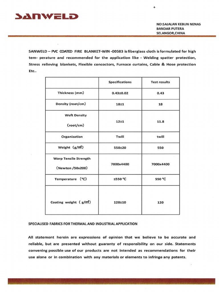 Fire Blanket Specification | PDF